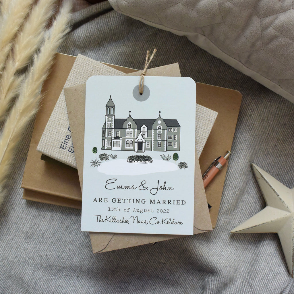 Venue Illustration Luggage Tag Wedding Invitation | Paper and Inc